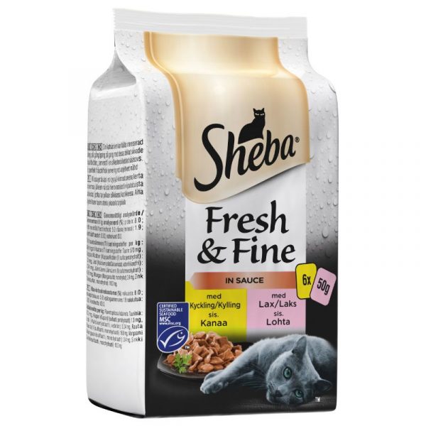 SHEBA FRESH&FINE 6X50G KANAA JA LOHTA KASTIKKEESSA - Keskisen Kauppa