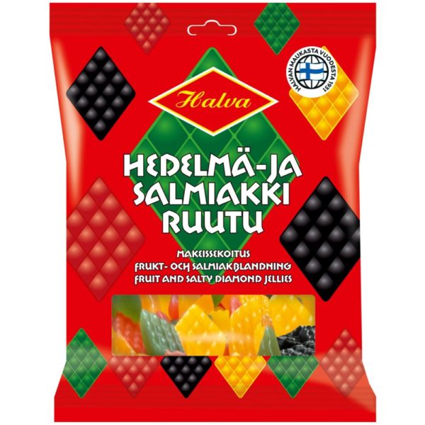 HALVA HEDELMÄ JA SALMIAKKI RUUTU 300G KARKKIPUSSI - Keskisen Kauppa